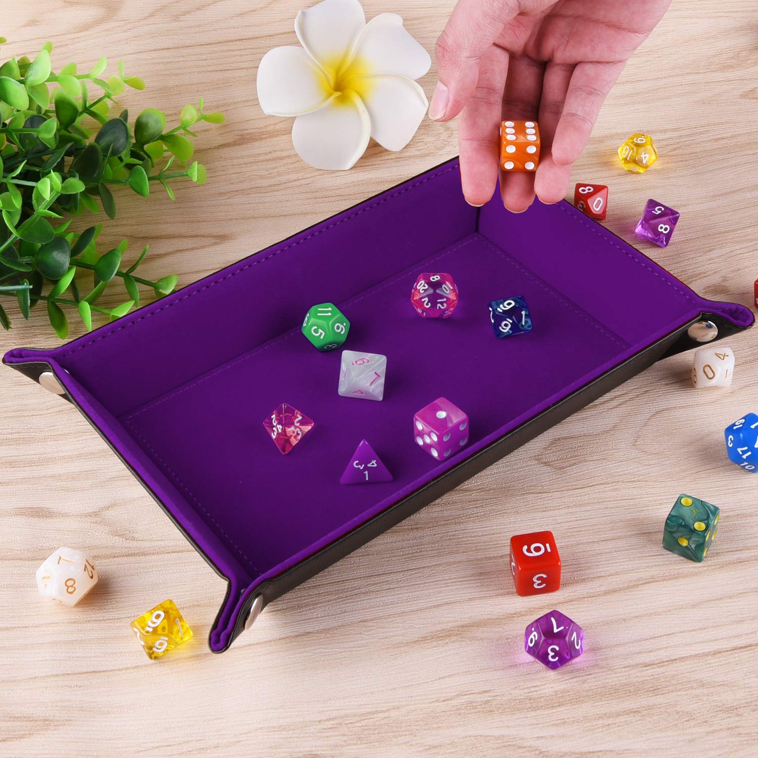 SIQUK Double Sided Dice Tray Folding Rectangle PU Leather and Dark Violet Velvet Dice Holder