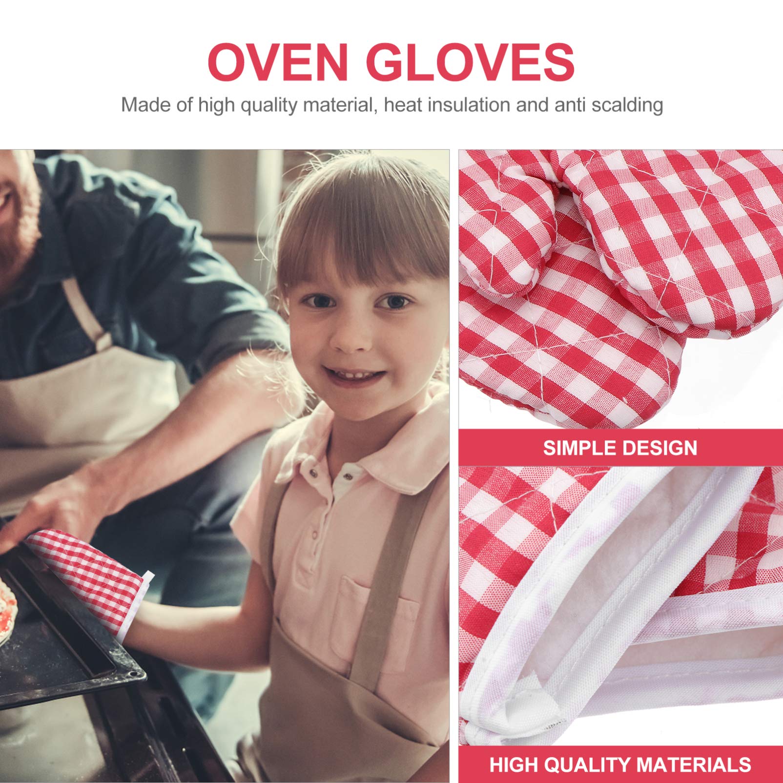 DOITOOL 2Pcs Kids Oven Mitts for Children Play Kitchen, Microwave Oven Gloves Kitchen Baking Mitts, Red Checkered Heat Resistant Kitchen Mitts for Safe Backing Cooking BBQ ( Red Checkered )