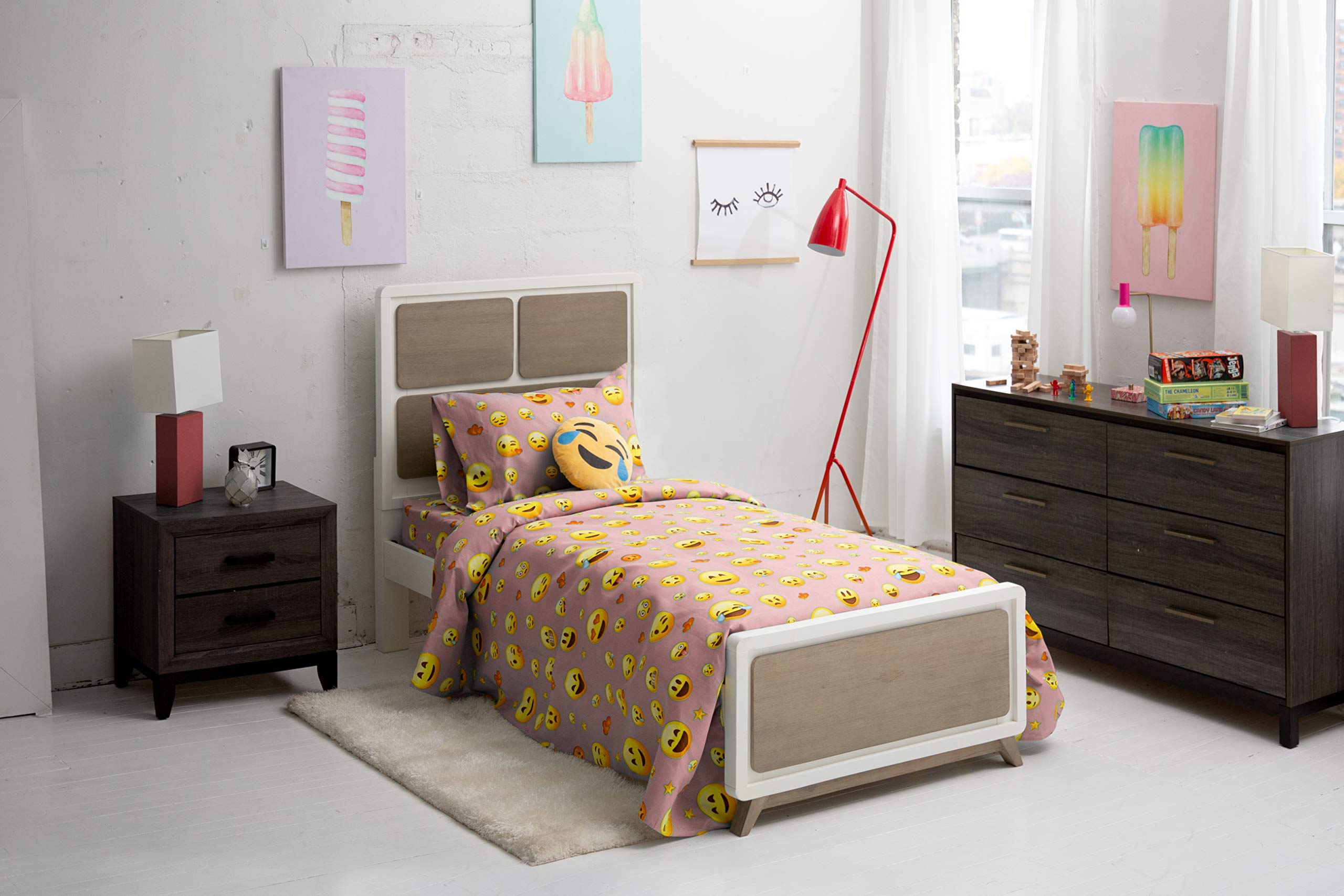 Chital Twin Bed Sheets for Girls | 3 Pc Colorful Kids Bedding Set | Pink Emoji Print | Durable Super-Soft, Double-Brushed Microfiber | 1 Flat & 1 Fitted Sheet, 1 Pillow Case | 15" Deep
