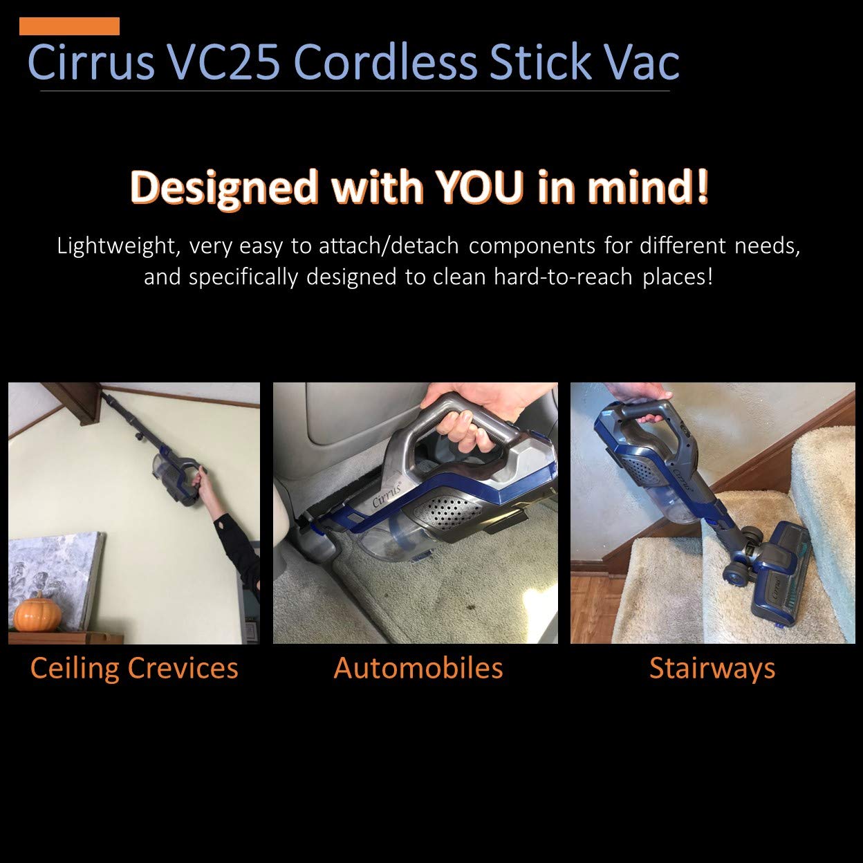 Cirrus VC25 Cordless 4 in 1 Stick & Handheld Vacuum Cleaner | Lightweight, 2 Speed for Carpets and Hard Floors| Includes Integrated Dust Brush, Crevice Tool and Wall Mount Kit