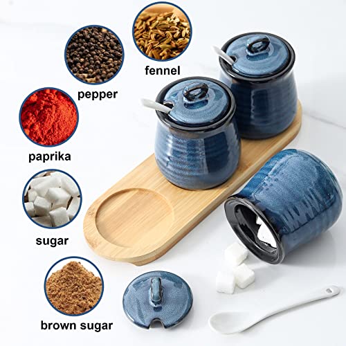 Hasense Porcelain Condiment Jar,10oz Spice Container with Lid Spoon and Bamboo tray,Small Salt Sugar Pepper Seasoning Pots Box Set of 3,Ceramic Condiment Container for Home kitchen Counter(Blue)