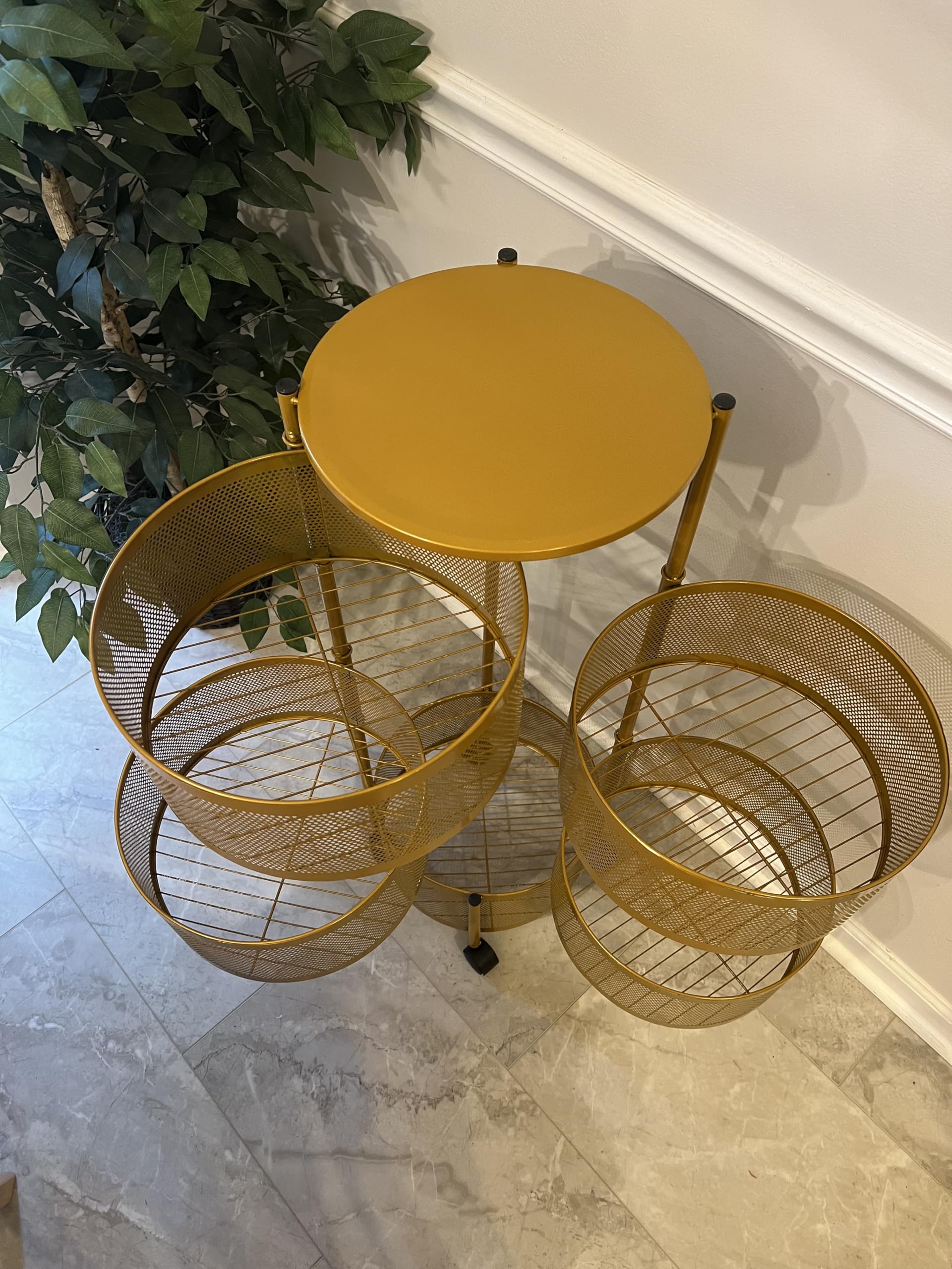 H&H Supply 5 Tier Rotating Storage Kitchen Cart Organizer Metal Vegetable Fruit Basket Rotating Shelves for Kitchen Dorm Office Bathroom Matte Yellow Gold Lightweight