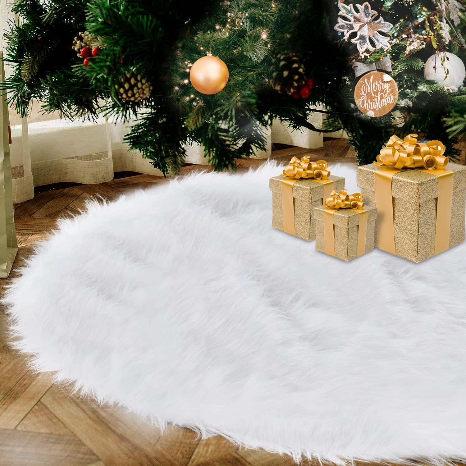 Christmas Tree Skirt, PHITRIC 48 Inches White Faux Fur Tree Skirt for Christmas Tree Decorations, Soft Thick Plush Xmas Tree Mat for Christmas Decor, Holiday Tree Skirts for Artificial Trees