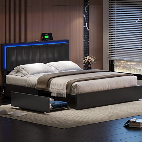 Hasuit Queen Bed Frame with 4 Storage Drawers, LED Light Queen Size Platform Bed with Charging Station, Artificial Leather Upholstered Bed with Adjustable Headboard, No Box Spring Needed