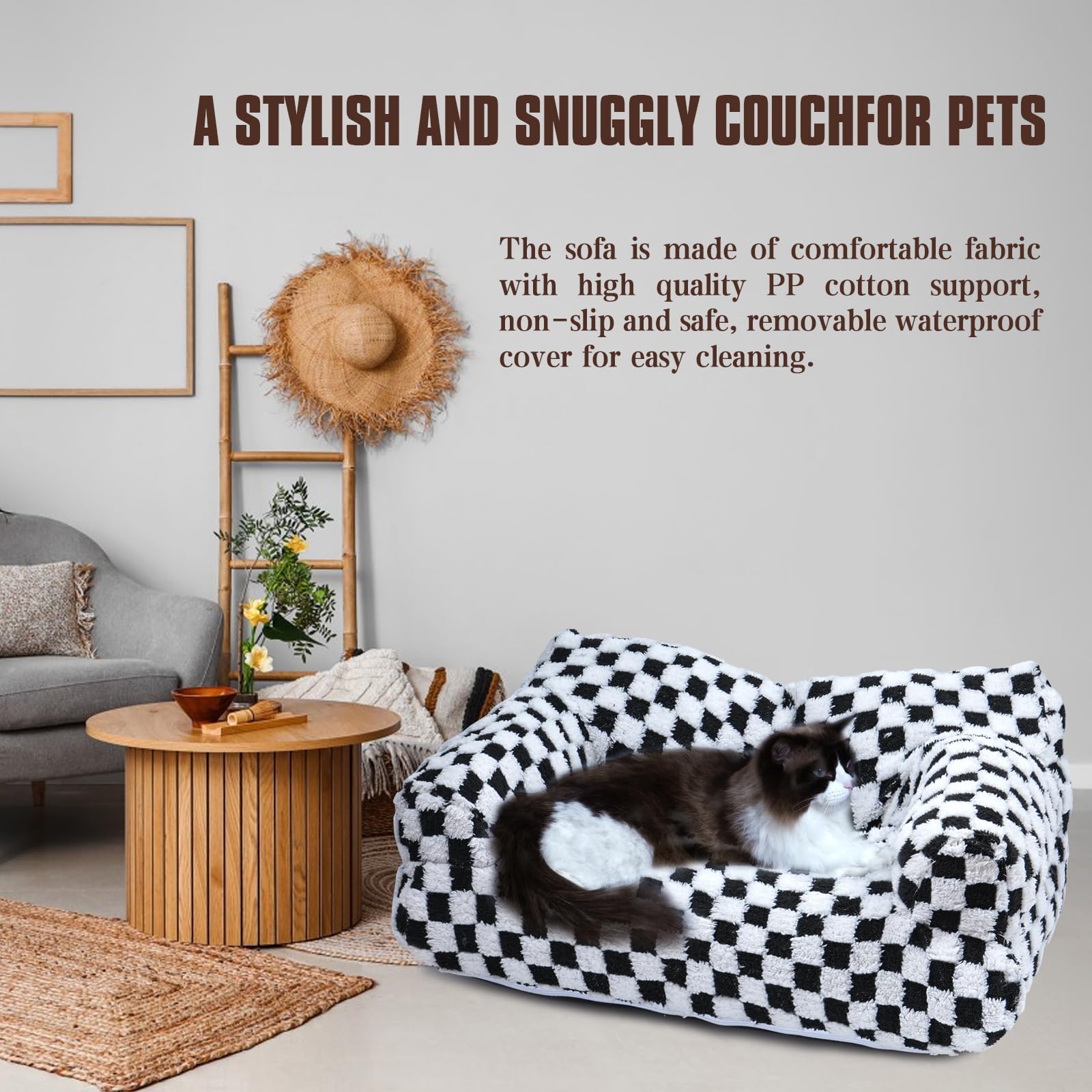 FORMYCATIE Pet Couch Bed, Washable Cat Beds for Medium Small Dogs & Cats up to 25 lbs, Soft Calming Cat Sofa Beds for Indoor Cats Anti-Slip Bottom,Fluffy Cat Couch (White)