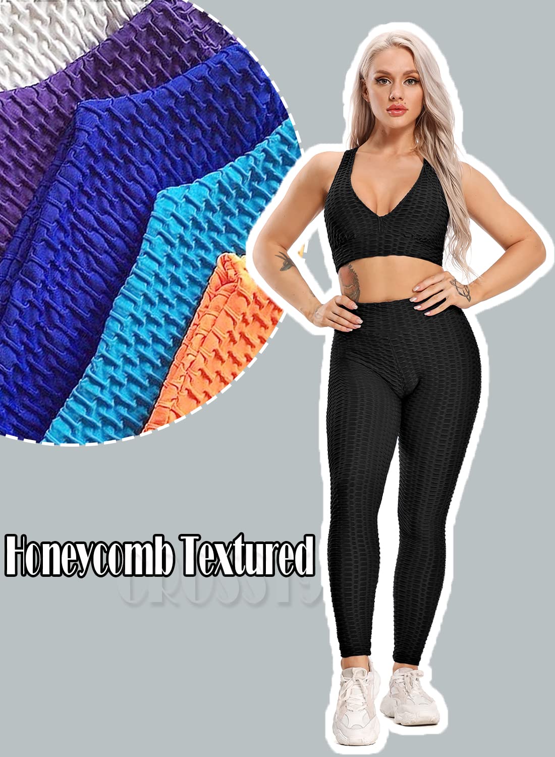 CROSS1946 Legging for Womens High Waist Textured Booty Yoga Pants Butt Lifting Ruched Workout Tummy Control Push Up #1 Texture Black M