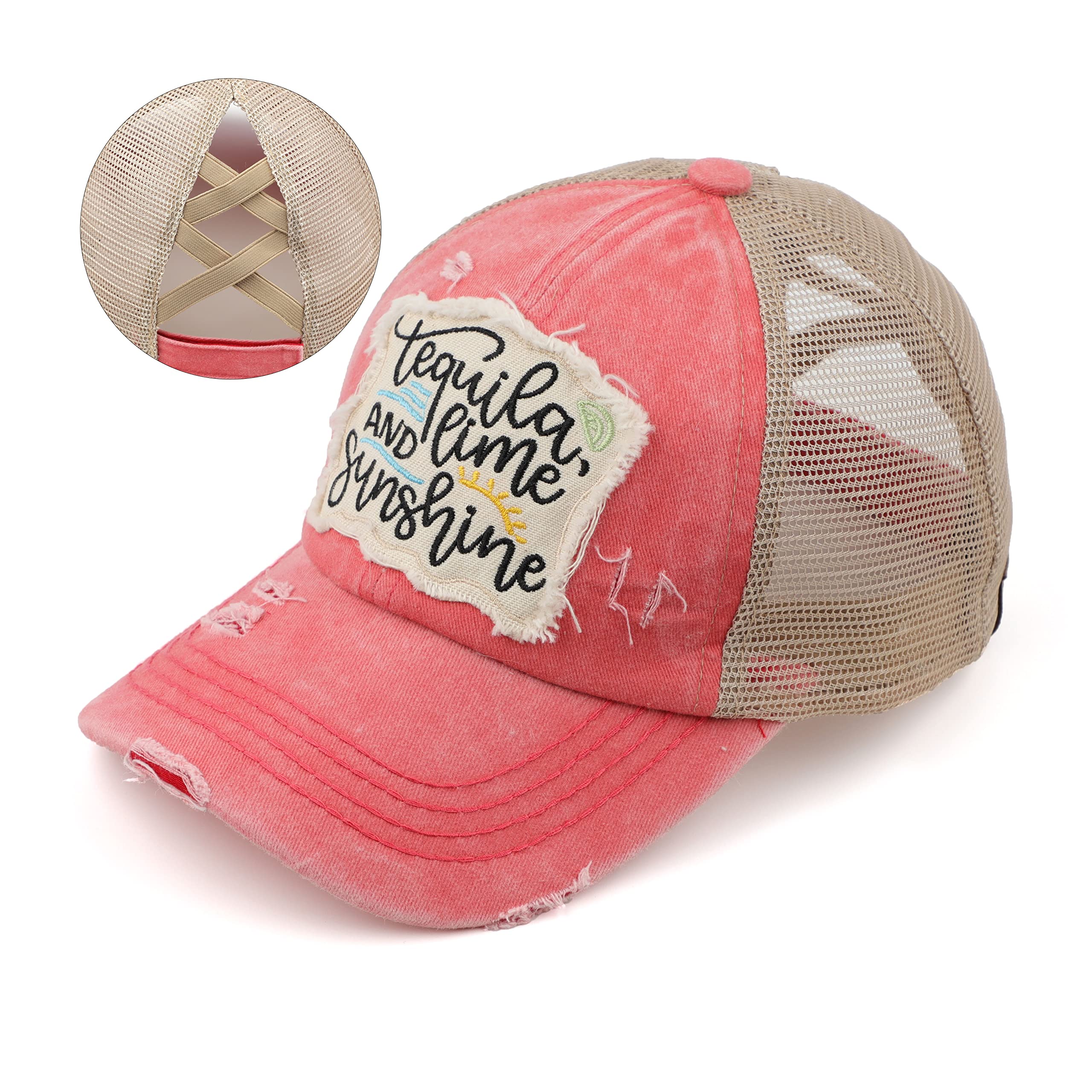 C.C Exclusives Washed Distressed Embroidered Patch Cotton Denim Criss-Cross Ponytail Hat Adjustable Baseball Cap (BT-1003) (A Elastic Band-Tequila Coral)