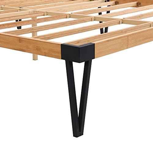 HW COMFORT 14 Inch King Size Solid Bamboo and Metal Platform Bed Frame with Bamboo Headboard/Easy Assembly, Natural & Black