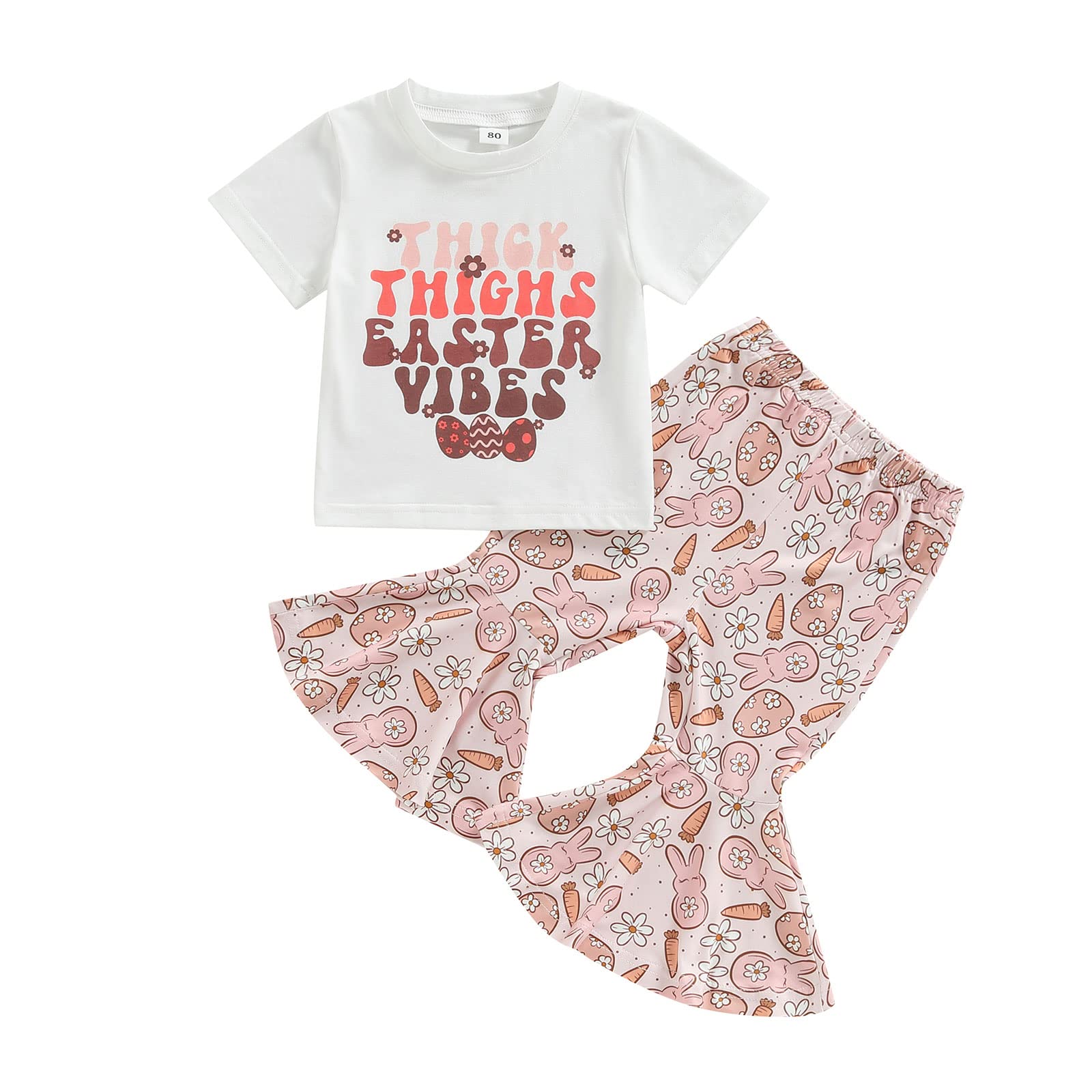 Fernvia Toddler Baby Girl Easter Outfits Short Sleeve Letter Shirts Bunny Flared Bell Bottom Pants Set Easter Clothes 6M-4T (Easter A, 6-12 Months)