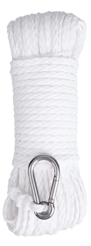 MARINE SYSTEM Made PP Hollow Braid Anchor Line Polypropylene 1/4 inch 50FT 100FT with Stainless Steel Spring Hook, White (1/4" x 50')