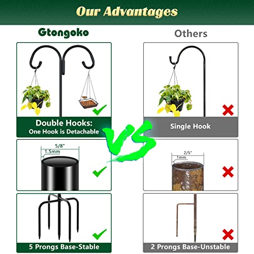Gtongoko 92 Inch 2 Pack Adjustable Double Shepherd Hook for Outdoor with 5 Prong Base, 5/8 Inch Thick Heavy Duty Bird Feeder Pole for Bird Feeder Lanterns Weddings Decor