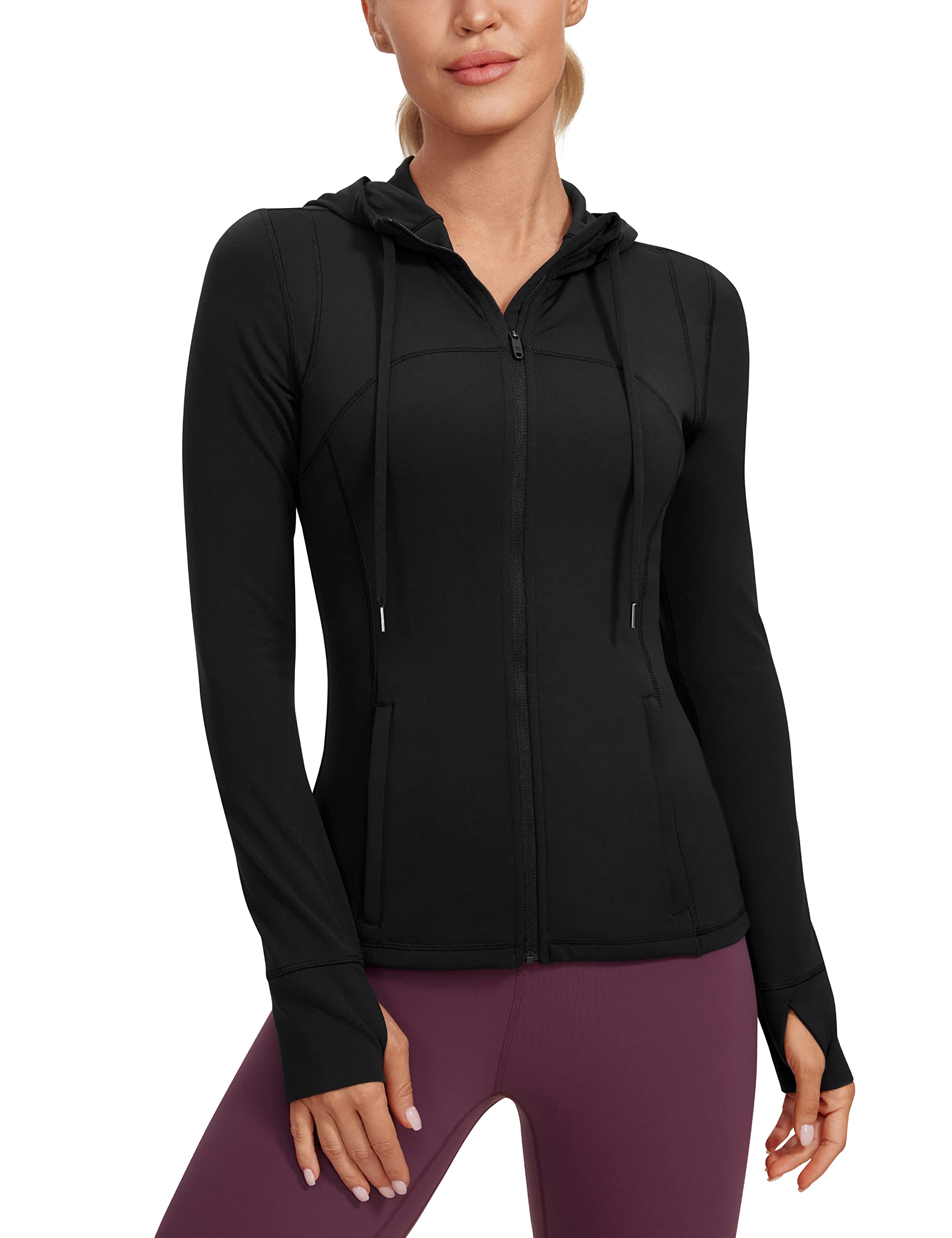 CRZ YOGA Butterluxe Womens Hooded Workout Jacket - Zip Up Athletic Running Jacket with Back Mesh Vent & Thumb Holes Taupe Large