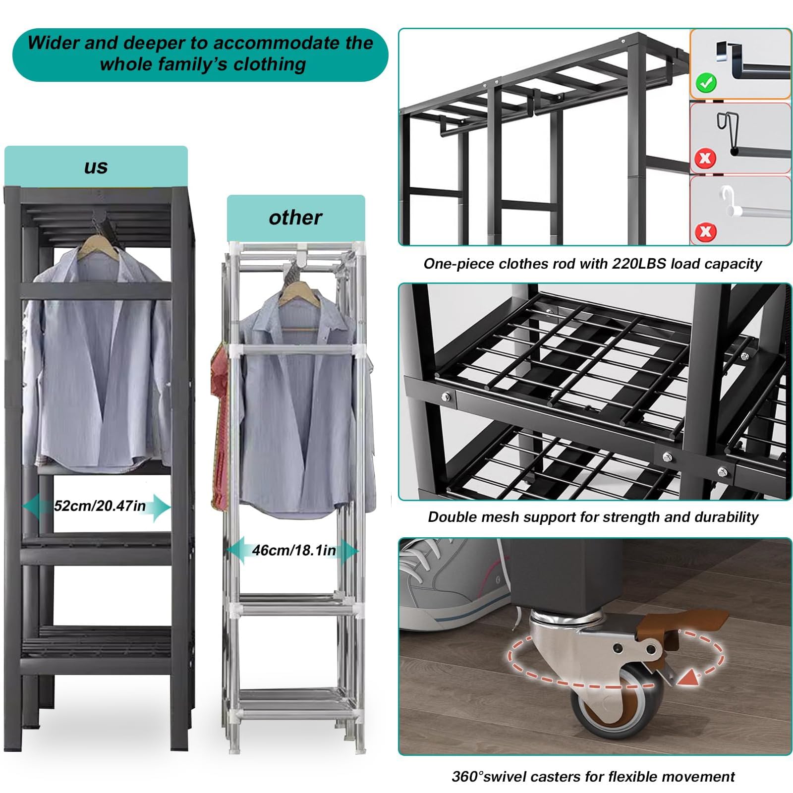 Foldable Clothe Rack with Wheel W/cover Load 2000lbs Heavy-duty Portable Wardrobe for Bedroom Armoires Freestanding Clothing Coat Storage Rack rolling Garment Rack for Hanging Clothes (150CM/59IN)