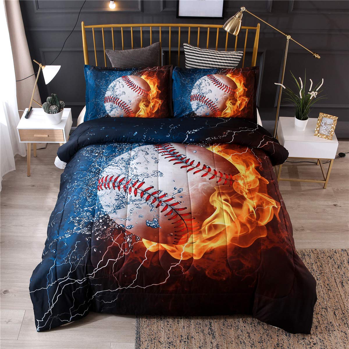 NTBED Baseball Comforter Set Full Size for Boys Teens,3D Sports Bedding Comforter,Fire Printed Quilt Set with 2 Pillow Shams
