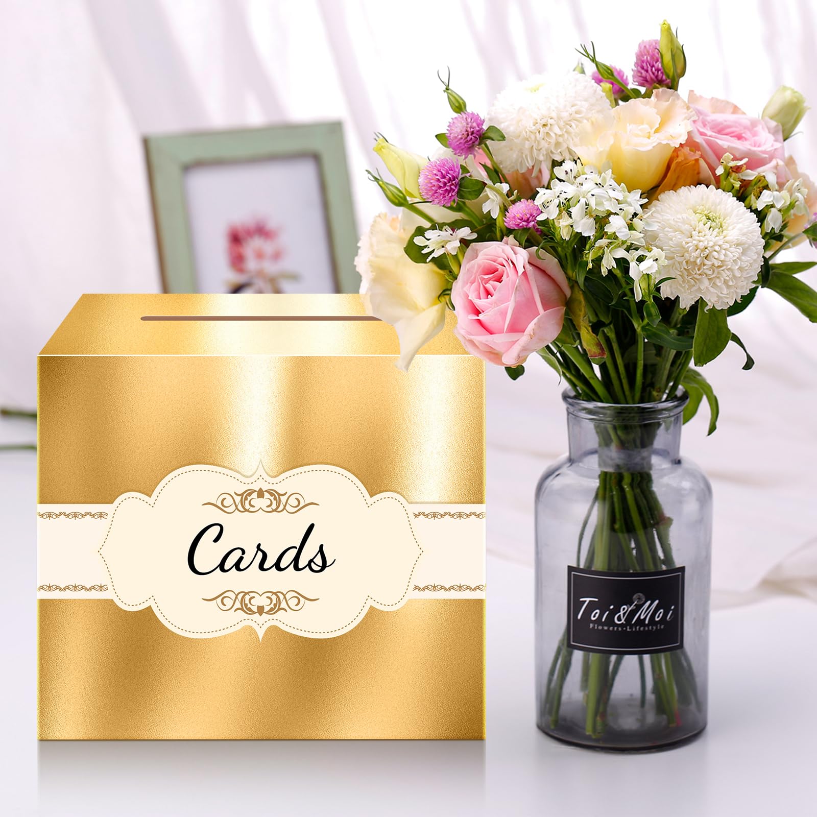 JC HUMMINGBIRD Cards Ribbon Sign Gold Shiny Metallic 10” In. x 10” In. Foldable Box with Slit, Weddings, Birthday, Donations, Gift Cards, Celebratory Cards, Devotionals