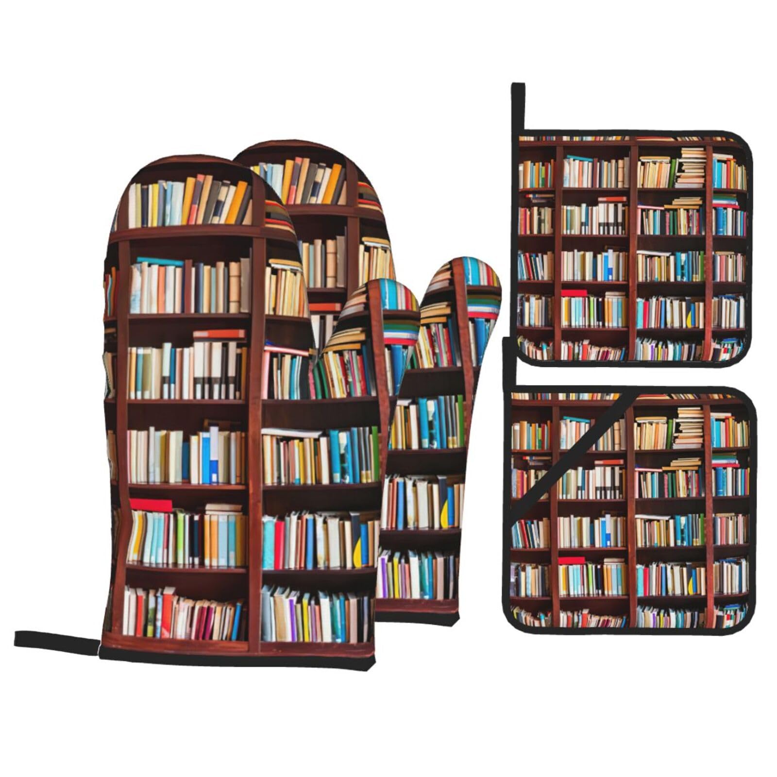 Books Kitchen Baking 4-Piece Set–Heat Resistant Oven Mitts and Pot Holders Kitchen Hot Pads
