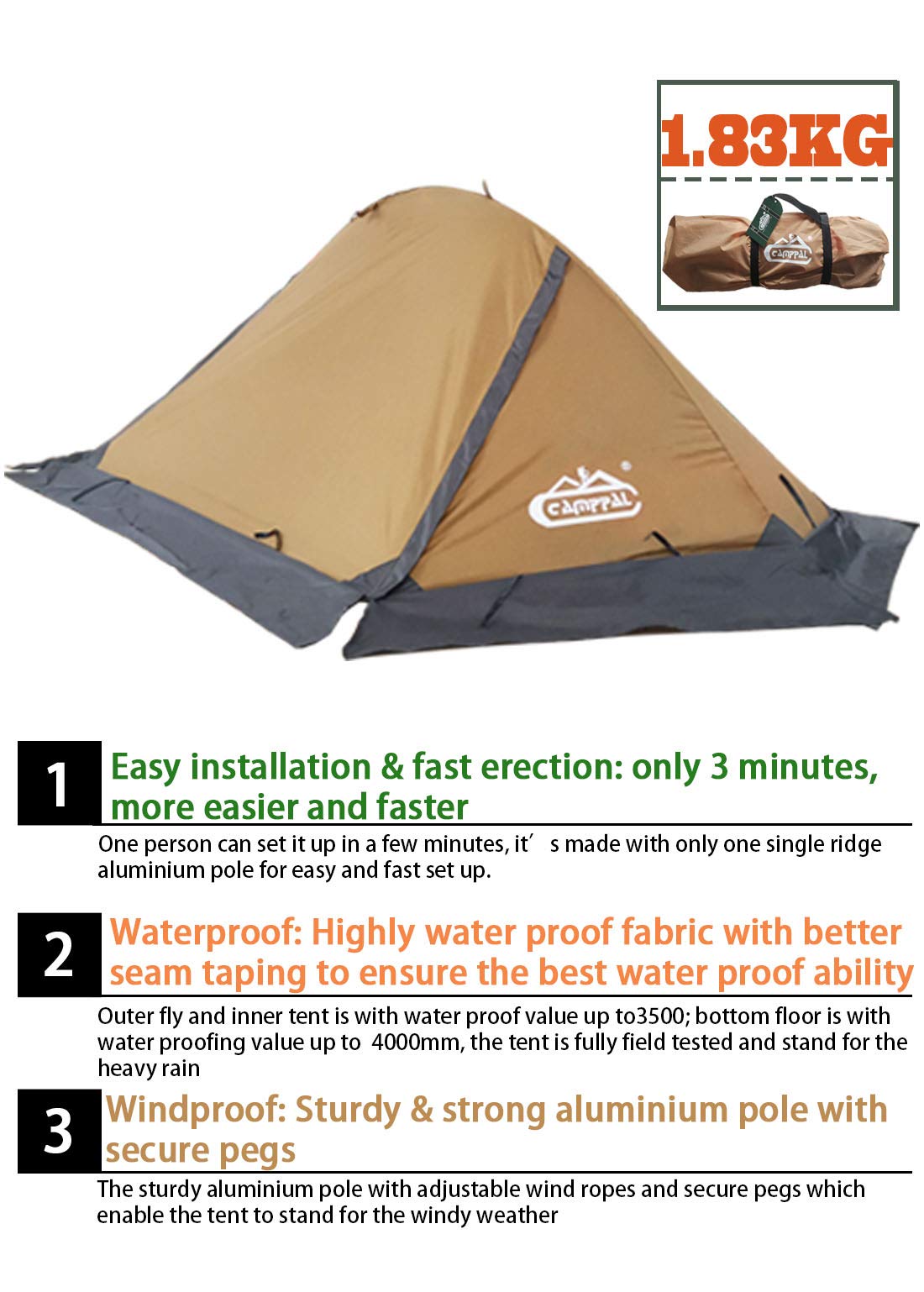 camppal 1 Person Tent Backpacking Camping Hiking Mountain Hunting Tent Lightweight and Waterproof for 4 Season Extreme Space Saving Single Bracket (Khaki-with skirt)