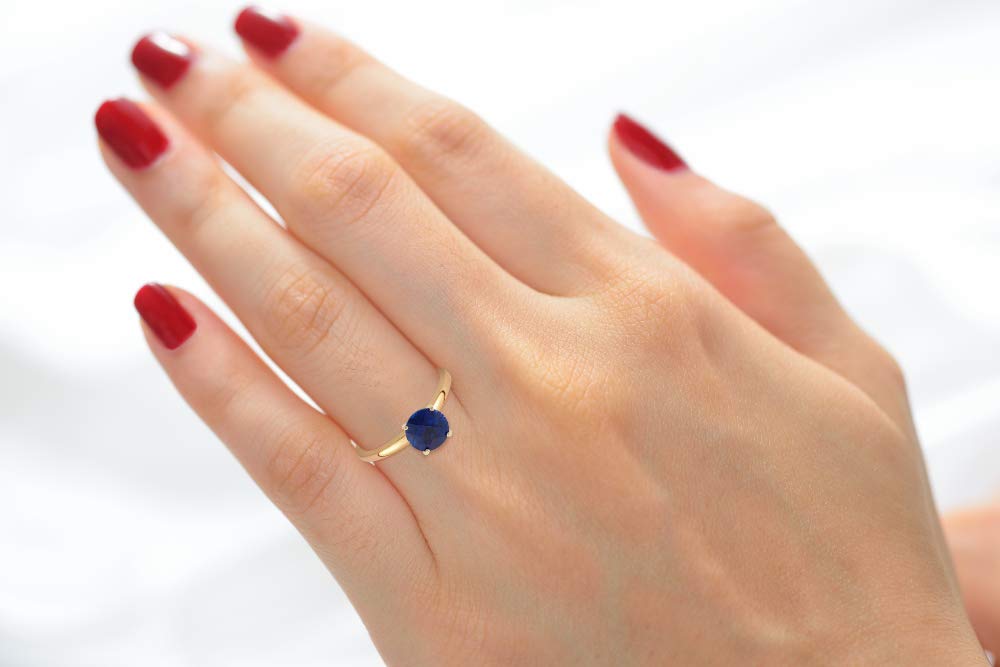 Celebration Moments Solid 10kt Yellow Gold 8MM Round Created Blue Sapphire Gemstone Solitaire Statement Ring For Women Sizes 5-10 (5)