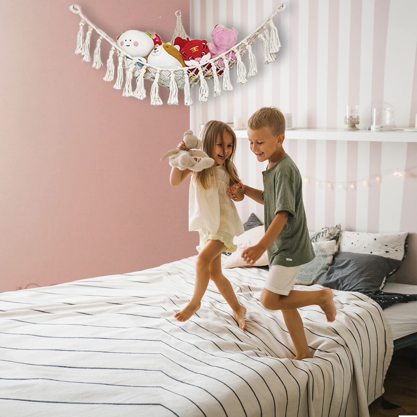 MACAJICHO Stuffed Animal Hammock, Toy Hammock Stuffed Animal Net with Macrame, Kids Toy Organizer Hanging Net for Stuffed Animals Boho Decor for Kids Room, Play Room, Bedroom