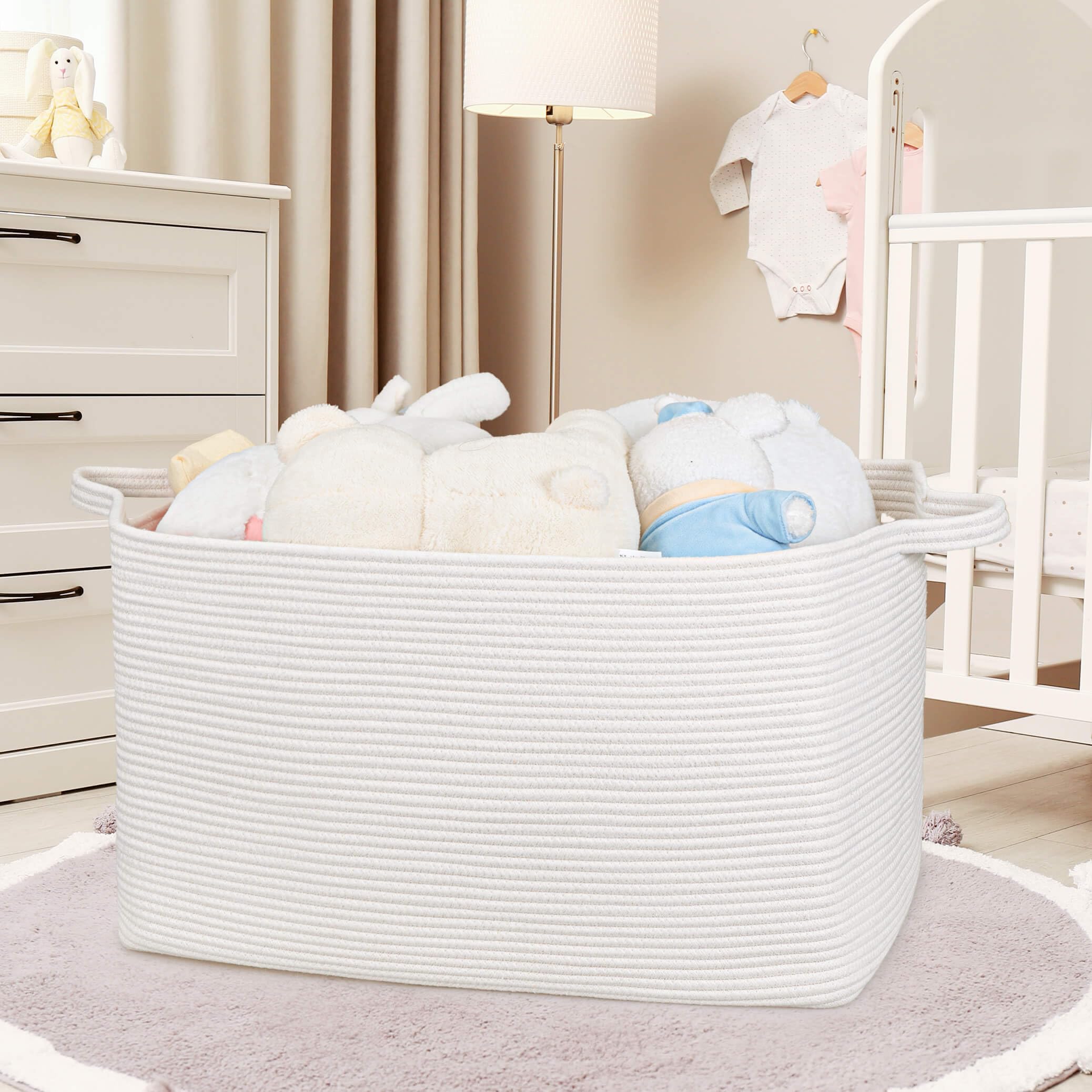 ZLG 90L Large Cotton Rope Rectangular Basket- White Woven Storage Basket - Ideal for Baby Quilt, Toy, and Clutter Sorting Basket, 24.4 "x 15" x 15 "