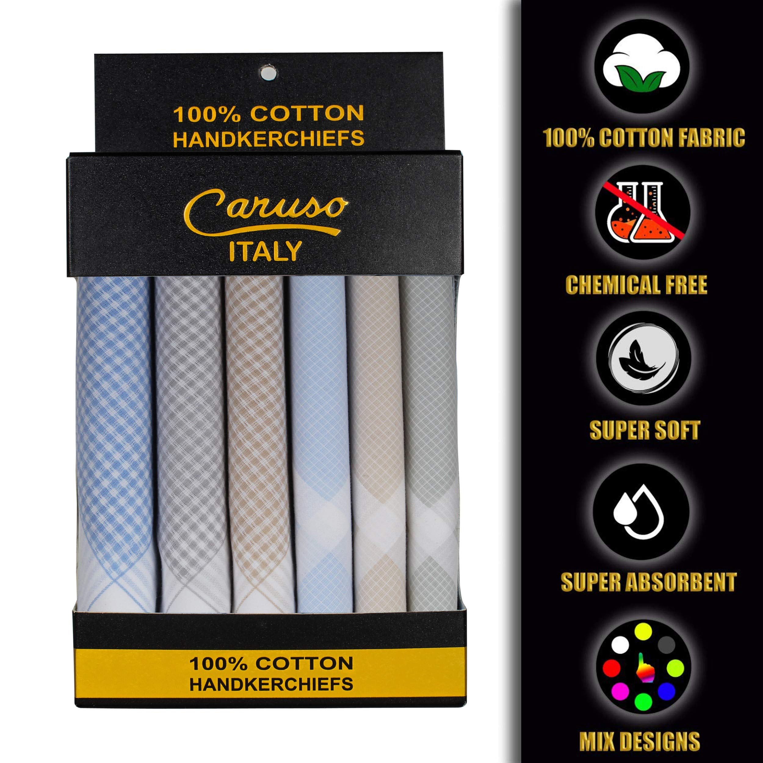 Caruso Italy Men's Italia 100% Pure Cotton Handkerchief White Blue Checks - Pack of 12