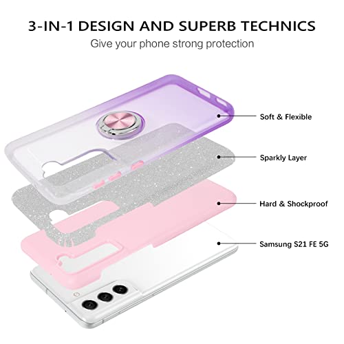 GUAGUA Compatible with Samsung Galaxy S21 FE 5G Case 6.4 Inch Glitter Sparkle Bling Cover for Girls Women with Ring Holder Kickstand Shockproof Protective Case for Galaxy S21 FE, Gradient Purple