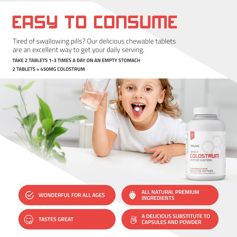 Bovine Colostrum Chewable Tablets - TBR Labs - with Immunoglobulins and Lactoferrin - for Immune & Gut Health, USA Sourced, 100% First Milking - Strawberries & Cream - 180 Tablets (90 Servings)
