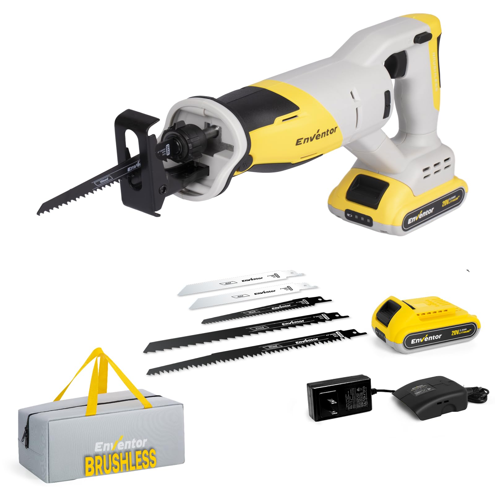 ENVENTOR 20V Cordless Reciprocating Saw with 2 Packs 2.0Ah Batteries, Brushless Motor, 0-3000 SPM Variable Speed, Fast Charger, Tool-Free Blade Change, 5 Saw Blades for Wood, Metal, Plastic Cutting