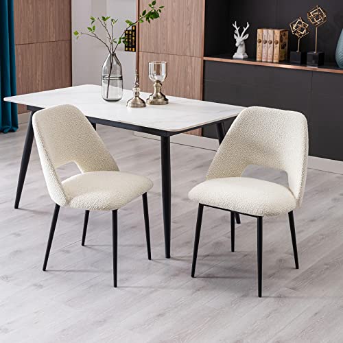 JIRAIN Mid Century Modern Dining Chair Set of 2, Boucle Fabric Upholstered Dining Chairs with Metal Legs, Round Back Sherpa Chairs for Kitchen Living Room(Armless, Beige)