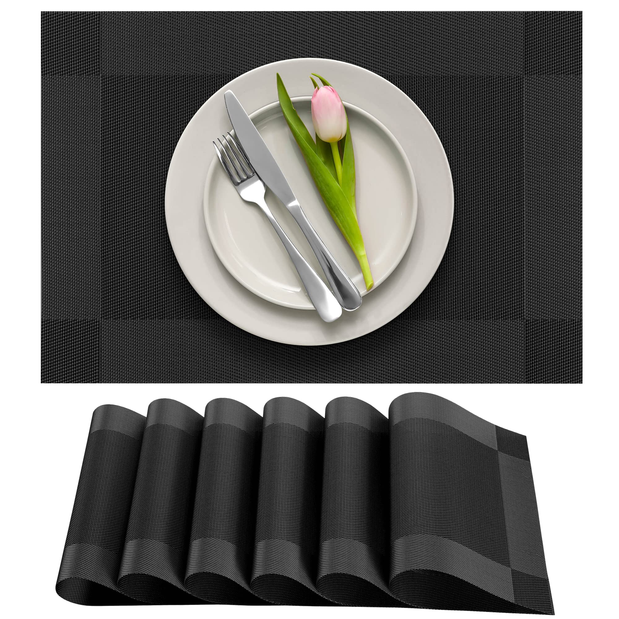More DƩcor Dining Table Placemats, Washable Heat-Resistant PVC Vinyl Table Mats for Dining Room and Kitchen, Anti-Slip - Set of 6 -Black
