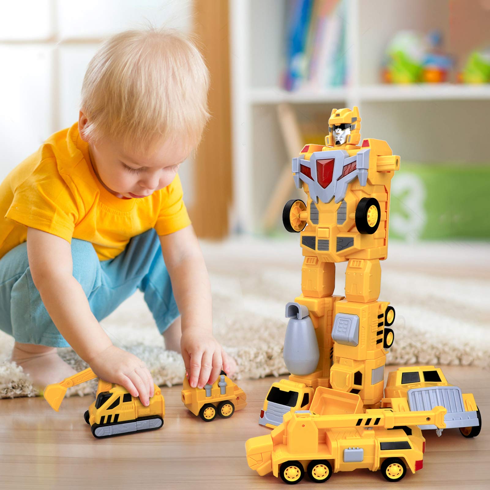 Construction Toy Trucks for 3 4 5 6 Year Old Toddler Boy Kids, Magnetic Assemble Transform Robot Play Vehicles, 15.7 inch Action Figure, Pull Back Dump Cars Birthday Gift