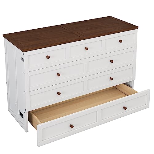 JIVOIT Queen Size Mobile Murphy Bed, Solid Pine Murphy Bed Chest with Charging Station and Large Storage Drawer, Queen Foldable Platform Bed for Home Office or Small Room