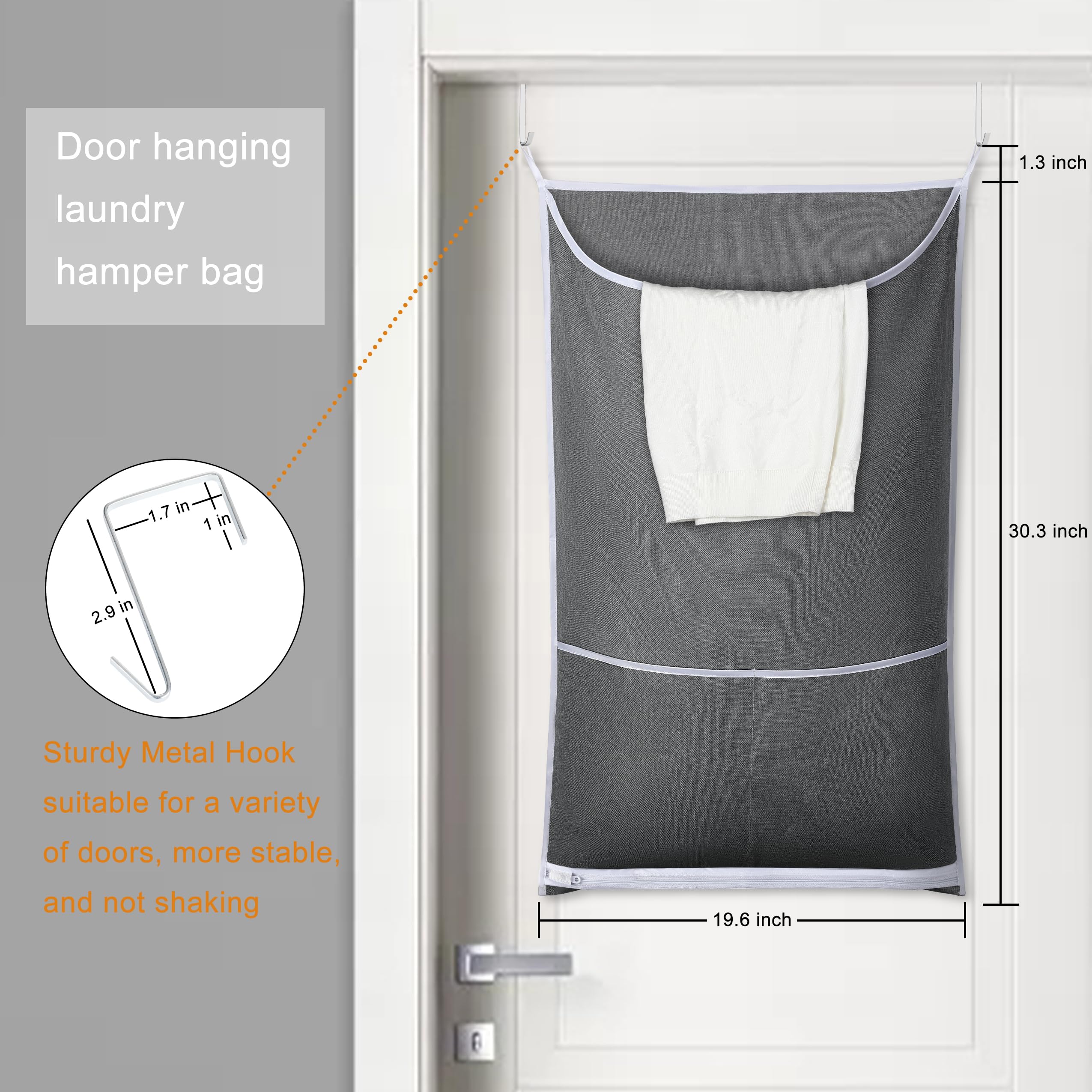 coastal rose Large Hanging Laundry Hamper with Hooks and Adhesive, Space Saving Laundry Bag with Zipper and Wide Open Top for Dirty Clothes Organizer,Door Hanging Hamper for Laundry,Grey,2 Pack