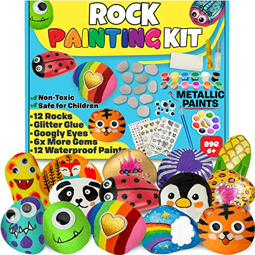 JOYEZA Deluxe Rock Painting Kit, Arts and Crafts for Girls Boys Age 6+, 12 Rocks, Best Tween Gift Art Set, Waterproof Paints, Craft Kits Art Supplies, Kids Activities Age 4 5 6 7 8 9 10