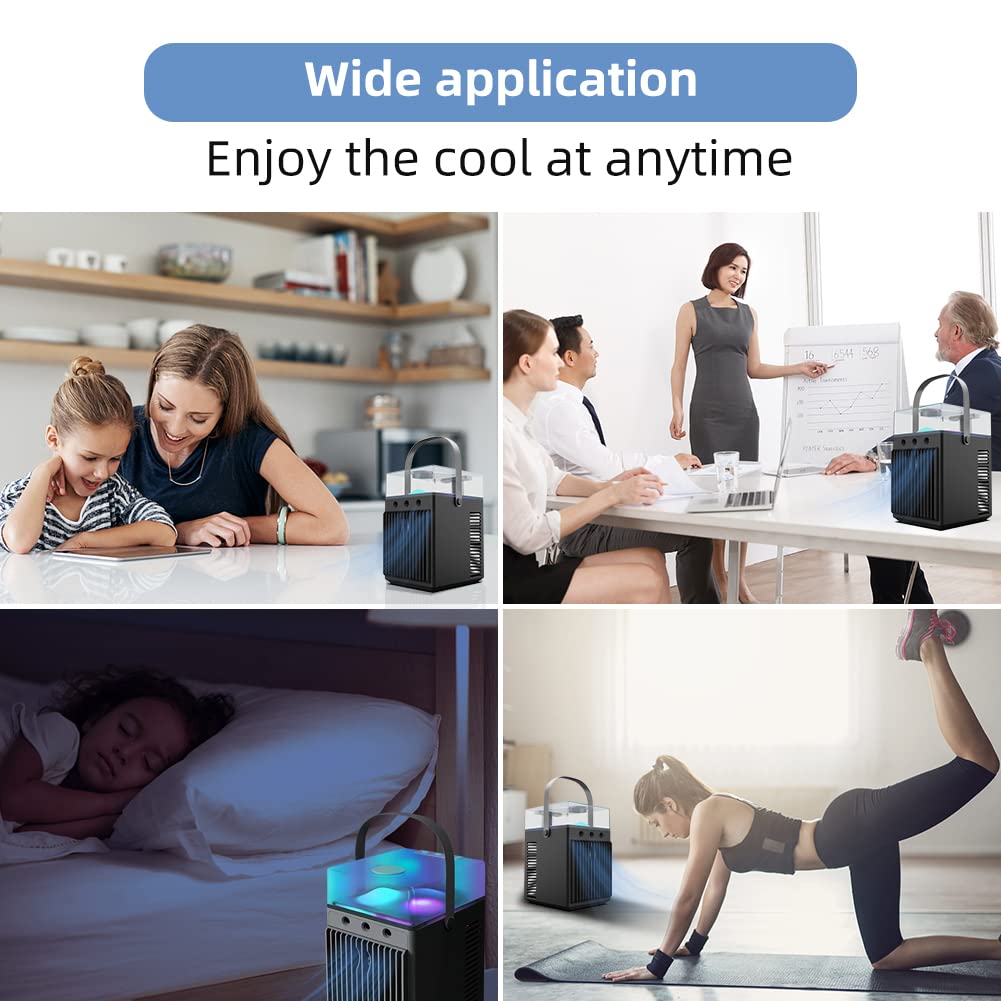 Portable Air Cooler Fan, Evaporative Air Cooler Rechargeable, Personal Air Conditioner with 6 Reusable Ice Boxes, Quiet Desk Fan with Air Humidifier and LED Night Light for Bedroom Camping Trip black-01