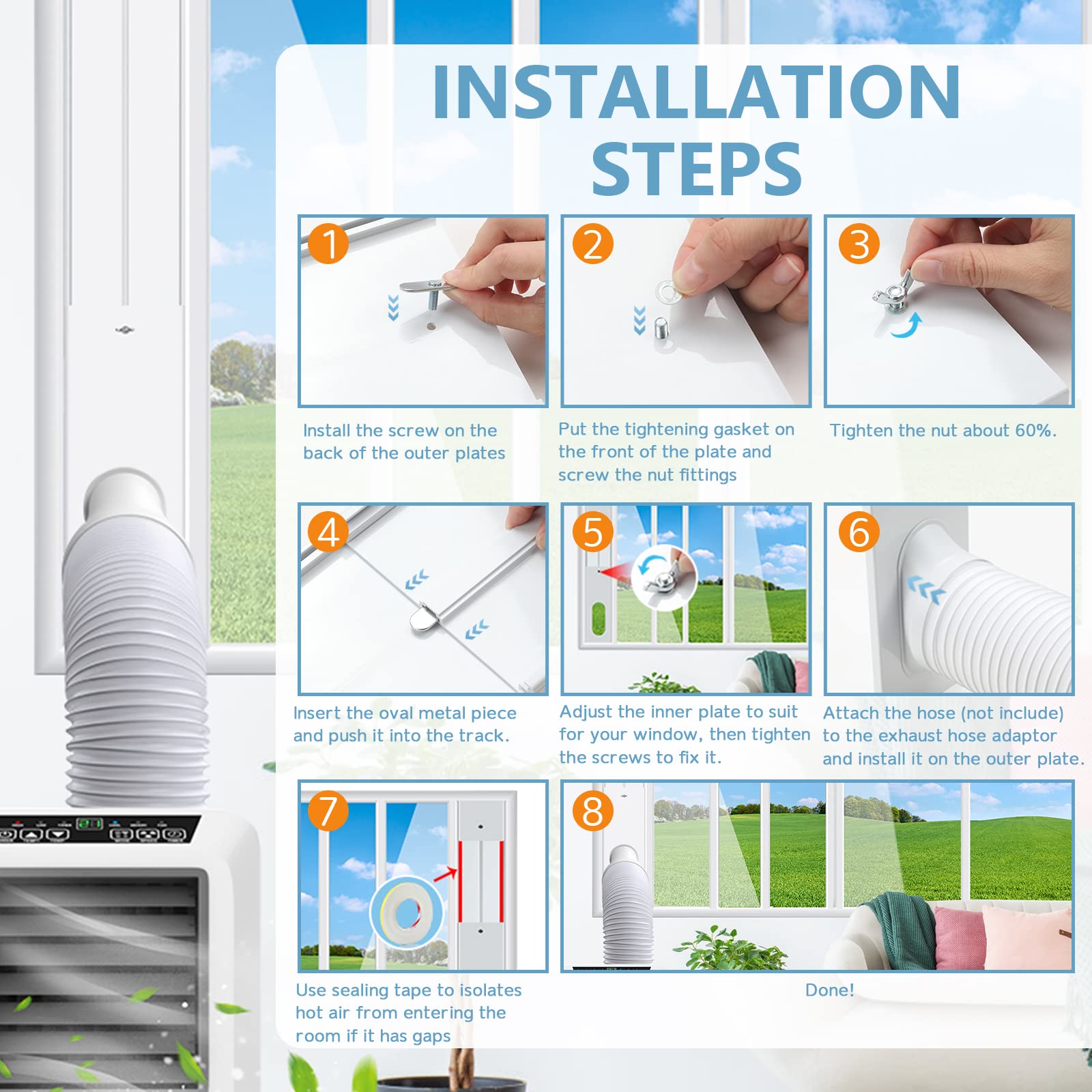 Portable Air Conditioner Window Kit for 5.1" Exhaust Hose, Window Seal Plates with Coupler and Bird Guard for Sliding Window, Adjustable Length From 16.9-47 inches Universal AC Vent Kit for AC Unit