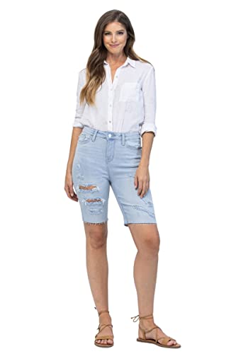 Judy Blue Women's High-Rise Destroyed Cutoff Bermuda Shorts (Light Blue, Large)