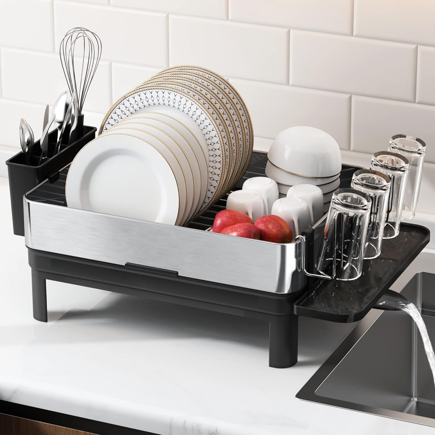 BOOSINY Dish Drying Rack, 2 Tier Dish Racks for Kitchen Counter with Utensil Holder, Dish Drainer and Darinboard Set with Cup Holder, Cutting-Board Holder and Drying Mat (Black)