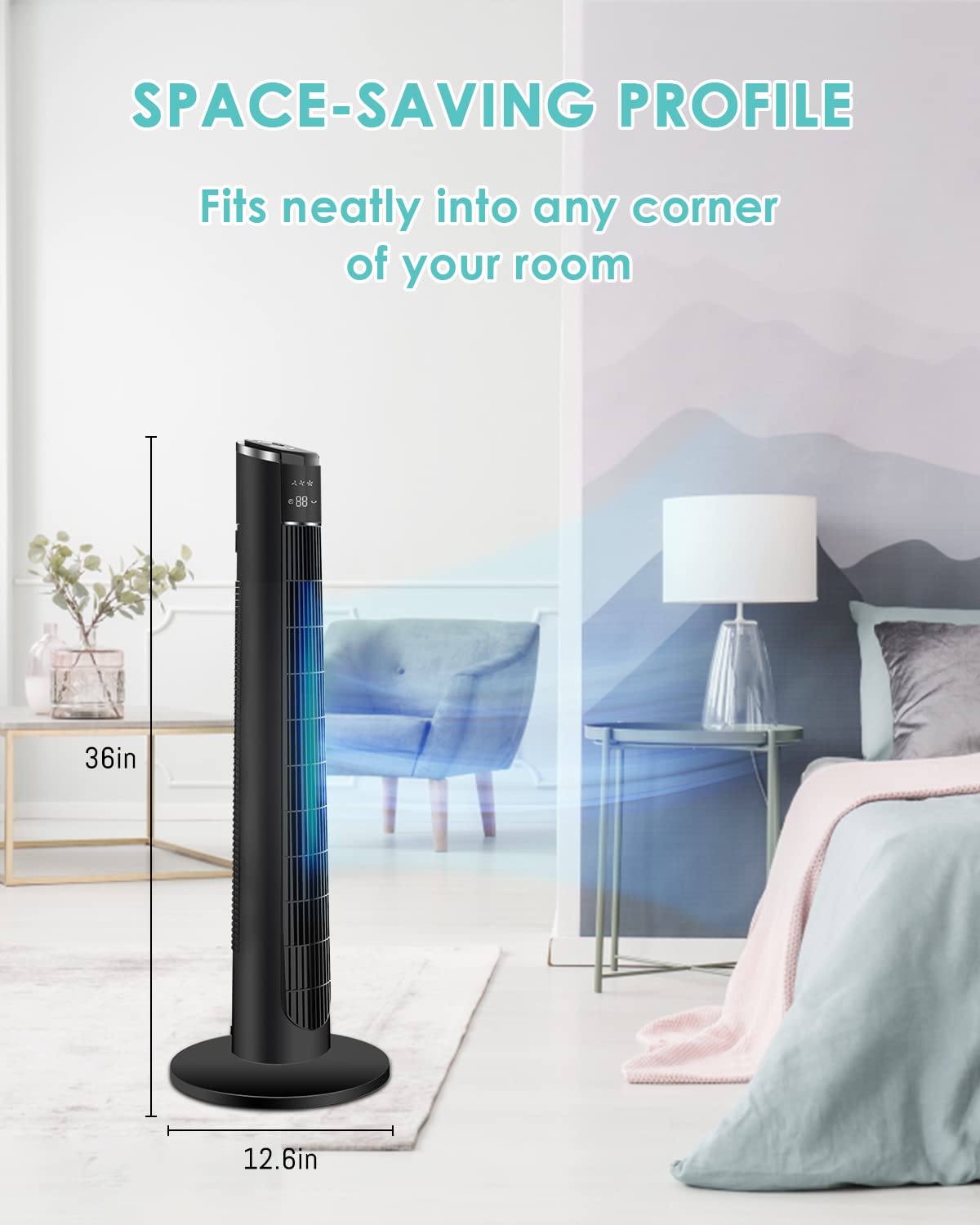 Portable Electric Oscillating Tower Fan with 12H Timer, LED Display and Remote Control 36‘’Quiet Bladeless Fan with 3 Modes for Bedroom, Living Rooms and Office use