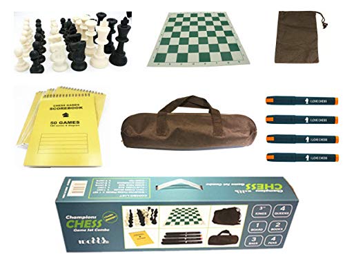 Professional Staunton Chess Set Combo , 4-Queens 3" King 17" Vinyl Roll-up Board 22" Chess Bag 50 Games Scorebook & Pens Tournament