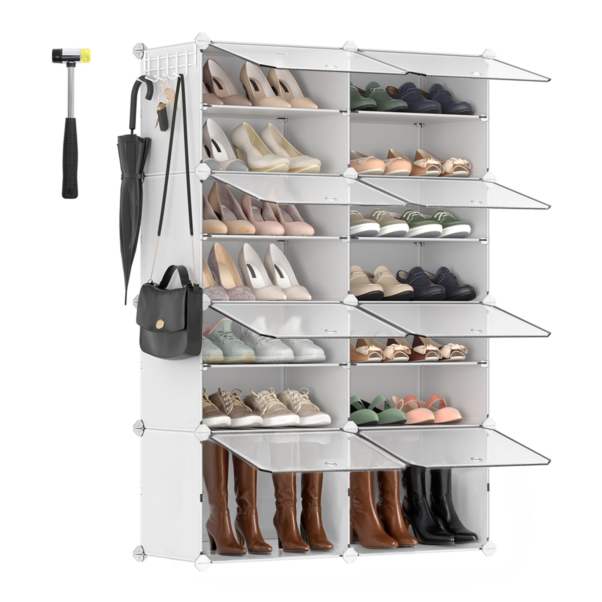 SONGMICS Shoe Rack, 8 Cubes Shoe Organizer with Doors, 32 Pair Plastic Shoe Storage Cabinet, for Bedroom, Entryway, Steel Frame, Plastic Panel, White ULPC034W01