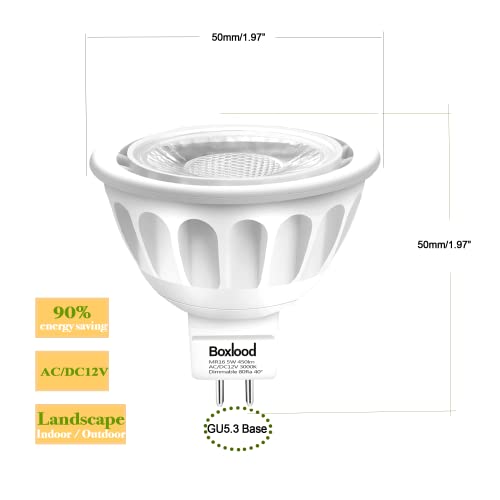 Boxlood Dimmable MR16 LED Bulbs,5-Watt(50-Watt Equivalent), 3000-Kelvin Warm White, DC12 Volt,10%-100% Dimming, Gu5.3 Bi-Pin Base, 40 Degree Beam Angle, Indoor/Outdoor Landscape Light Bulbs 10PACK