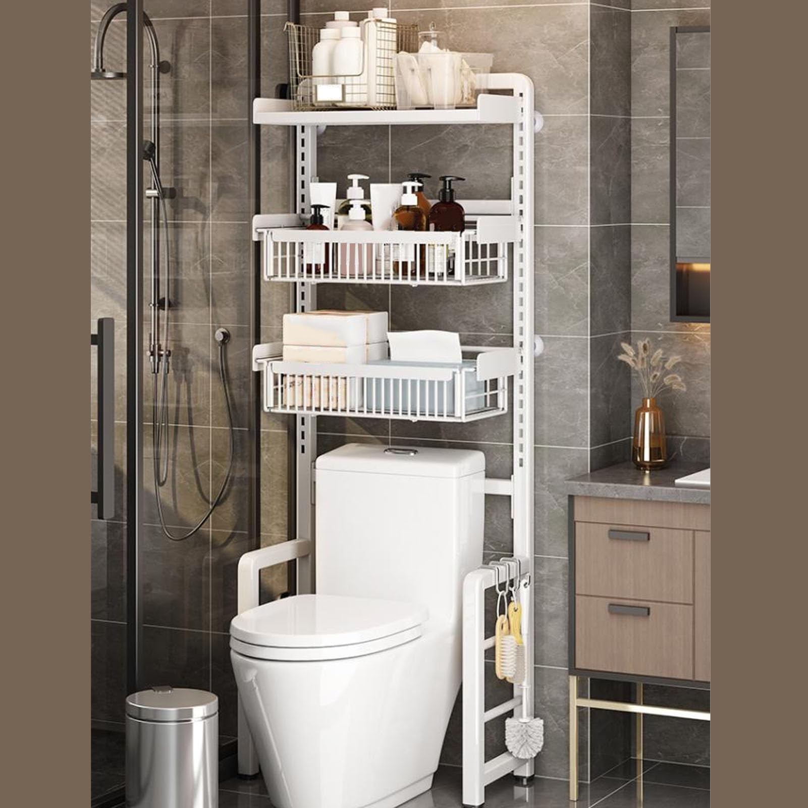 FLUSTDER Freestanding Toilet Bathroom Organizer Adjustable Pull Out Storage Space Saving Rack Easy Assembly Over Toilet Rack (White)