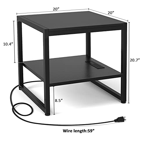 Homieasy End Table with Charging Station, 20 Inch Square Side Table with USB Ports & Power Outlets, Black Nightstand with 2-Tier Storage Shelf, Mini Fridge Stand for Small Spaces, Black