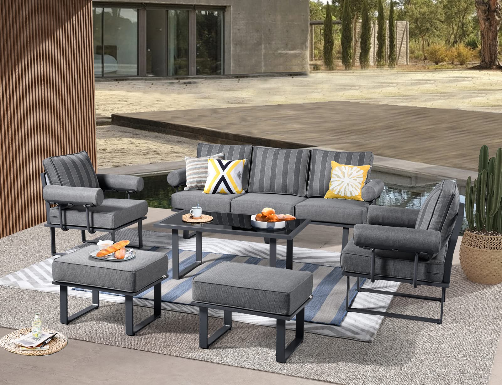 ovios Patio Furniture Set 6 Pieces Outdoor Aluminum Sofa Couch with Coffee Table Ottomans Cushions High Back Sofa All Weather Conversation Set, Black-Grey Stripe