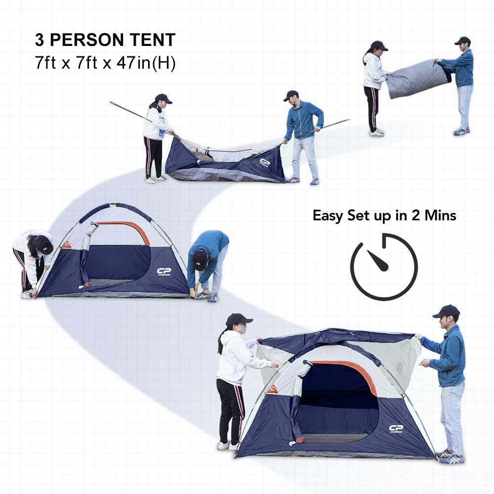 CAMPROS Tent-3-Person-Camping-Tents, Waterproof Windproof Backpacking Tent with Top Rainfly, Easy Set up Small Lightweight Dome Tents, for All Seasons Hiking Beach Outdoor with 3 Mesh Windows - Blue