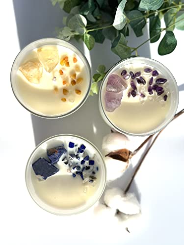 Healing Crystal Candle, Scented Candle Infused Citrin, Clear Quartz Crystals, Lemon Grass&Litchi Scented, Positivity, Energy, Cleansing Wellness, Gift for Women, Aromatherapy Clean Vegan 10Oz Jar