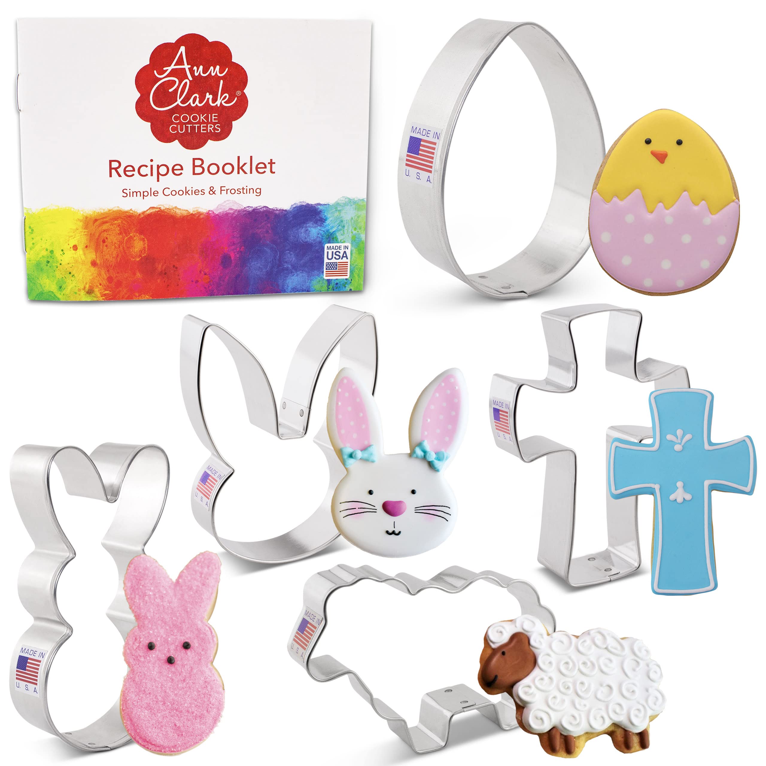 Easter Cookie Cutters 5-Pc. Set Made in USA by Ann Clark, Easter Egg, Easter Bunny, Bunny Face, Holy Cross, Lamb