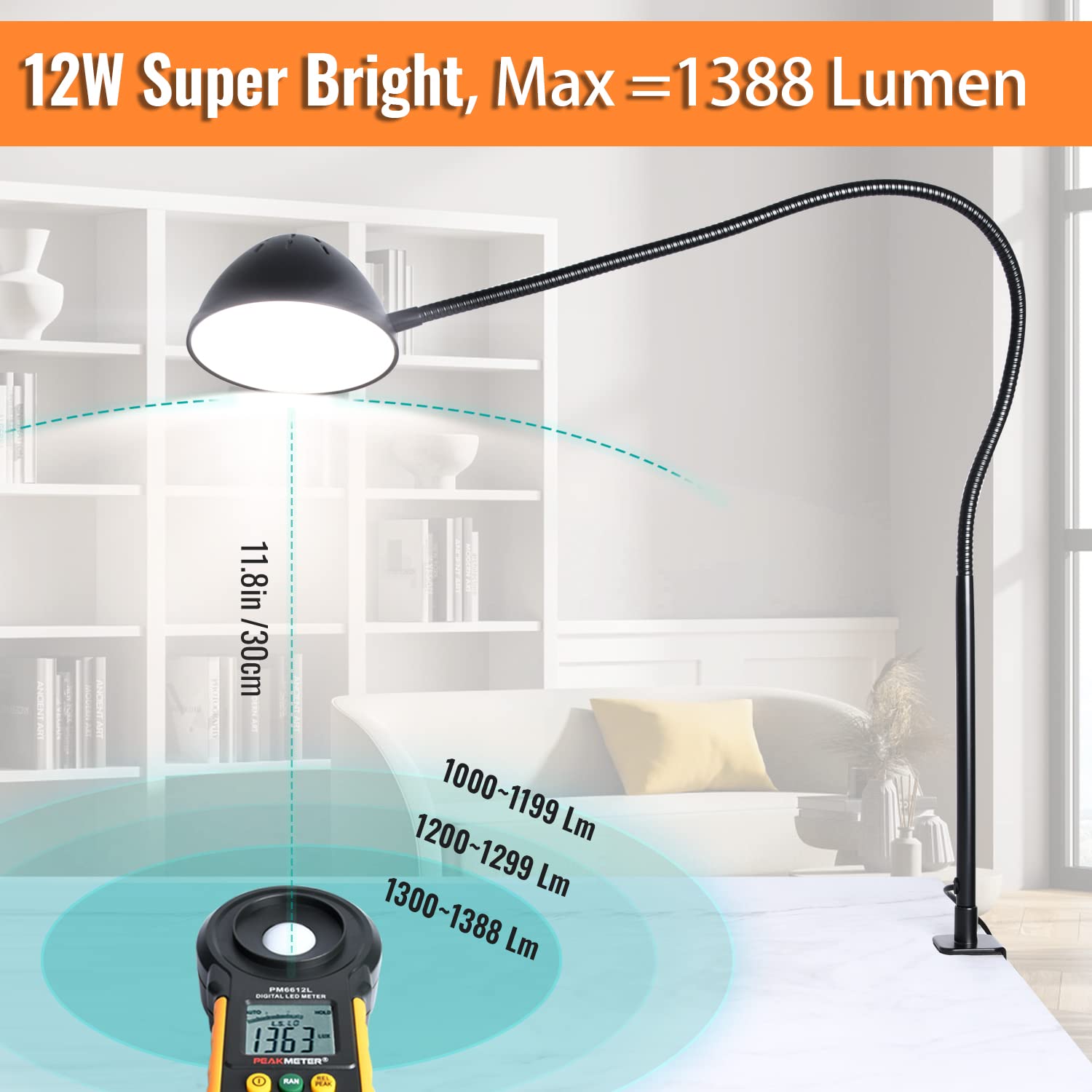 CeSunlight Clamp Lamp, Clip on Lamp, Desk Lamp with Clamp, 12W, 1300 LMS, 3 Color Modes, 10 Brightness Levels, 30 Inches Long Gooseneck Light, Perfect for Sewing, Reading, Home, Office
