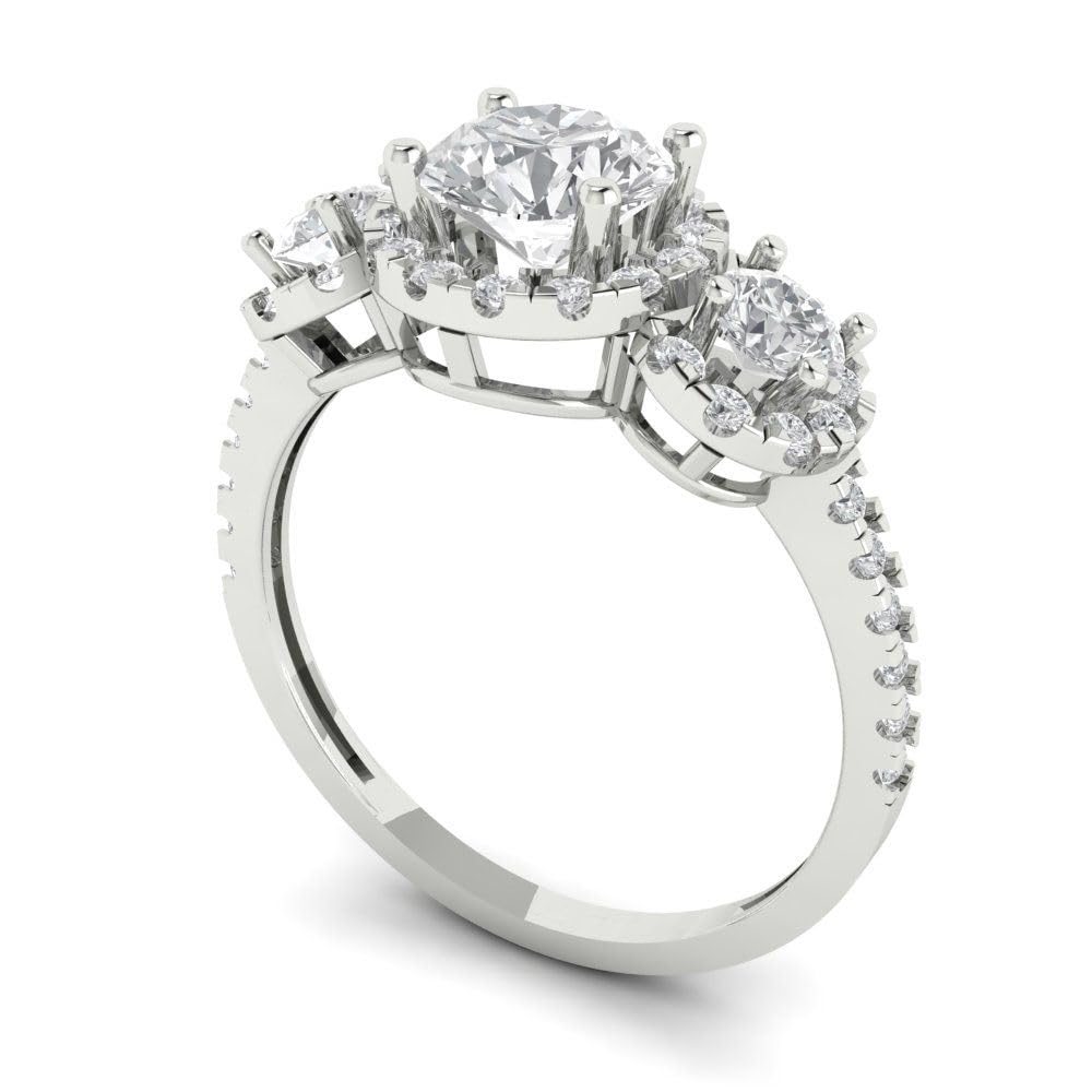 Clara Pucci 1.75 ct Round Cut Halo Solitaire 3 stone Moissanite Designer Anniversary Bridal Engagement Ring 14k White Gold